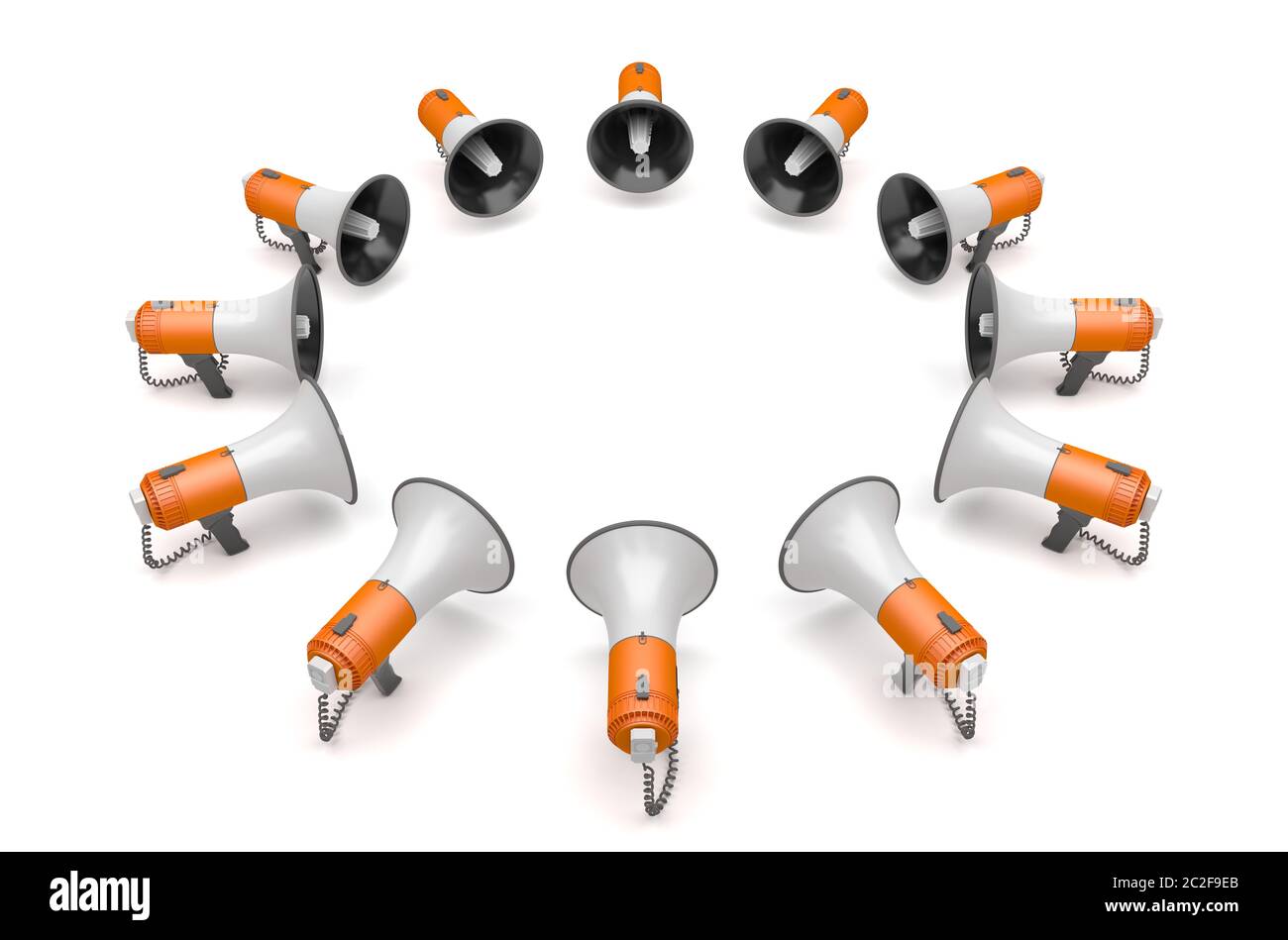 Many megaphones are arranged in a circle and directed at each other ...