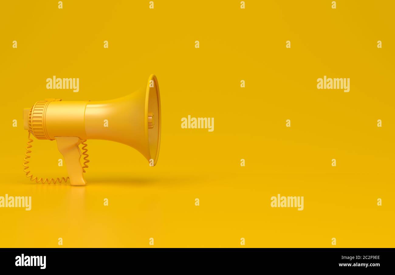 Monochrome yellow single megaphone. Loudspeakers on a yellow background ...