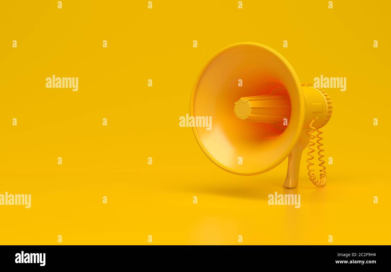 Monochrome yellow single megaphone. Loudspeakers on a yellow background ...