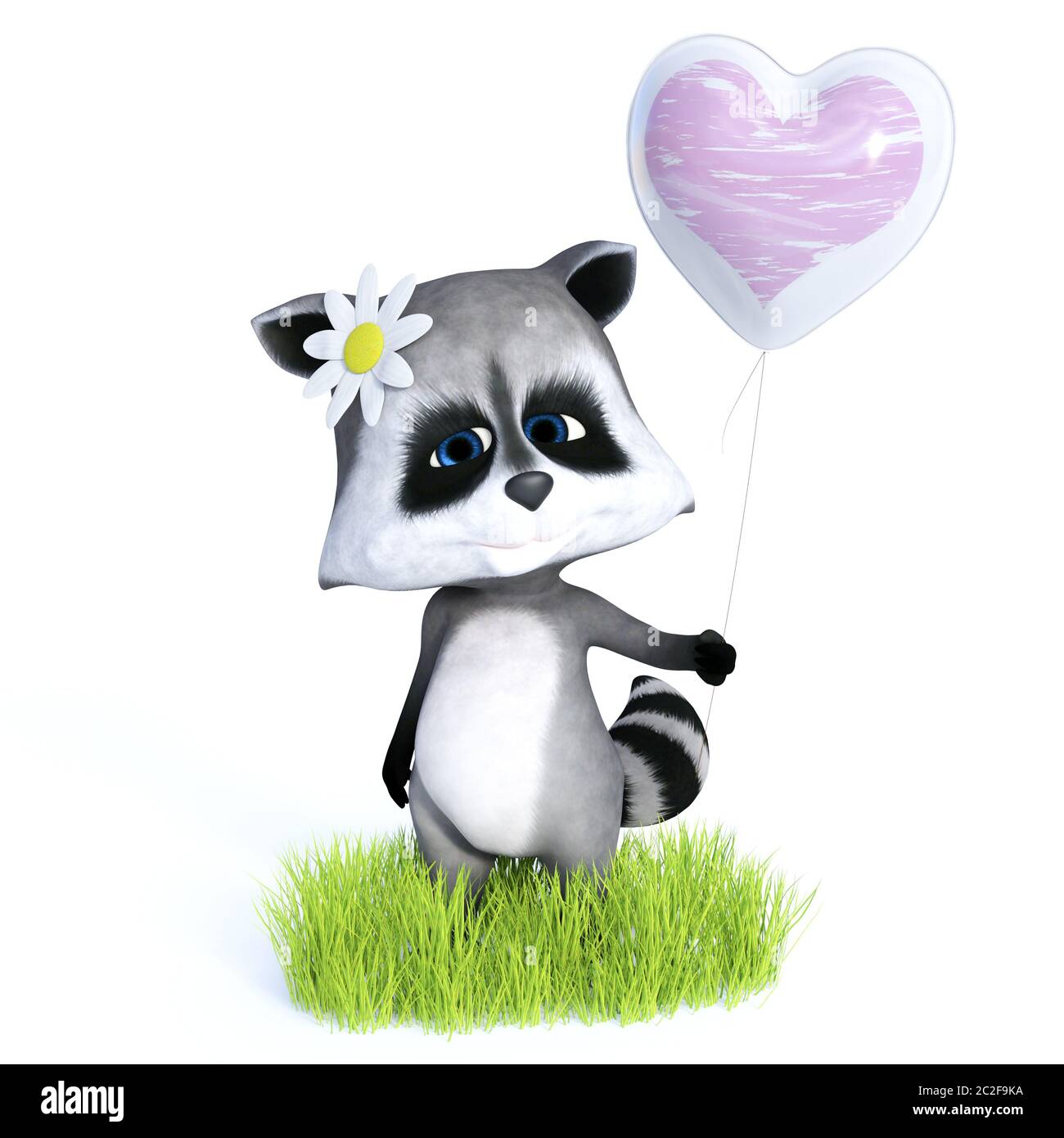 3D rendering of a cute cartoon raccoon standing and holding a heart ...