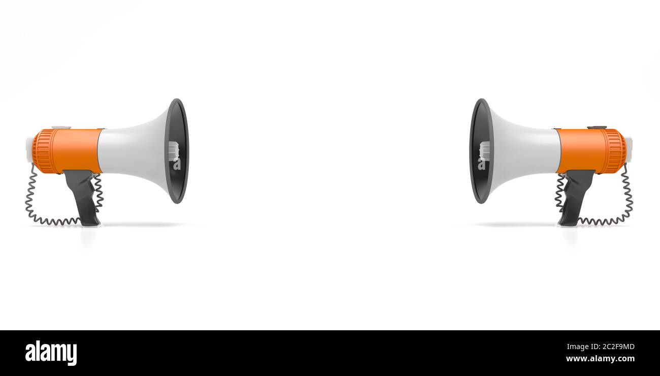 Two megaphones are directed at each other. Loudspeakers isolated on a ...