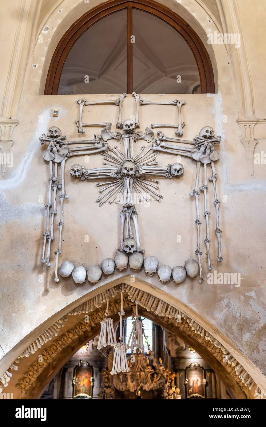 Human skulls and bones Kostnice Sedlec Ossuary, small Roman Catholic ...