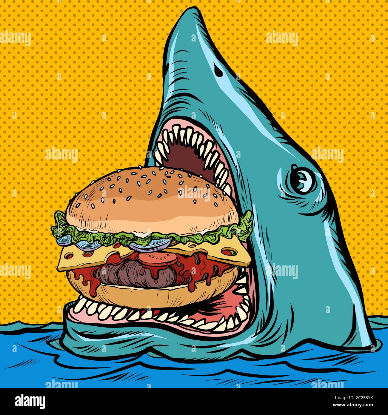 Hungry shark eating a Burger. fast food restaurant concept. Pop art ...