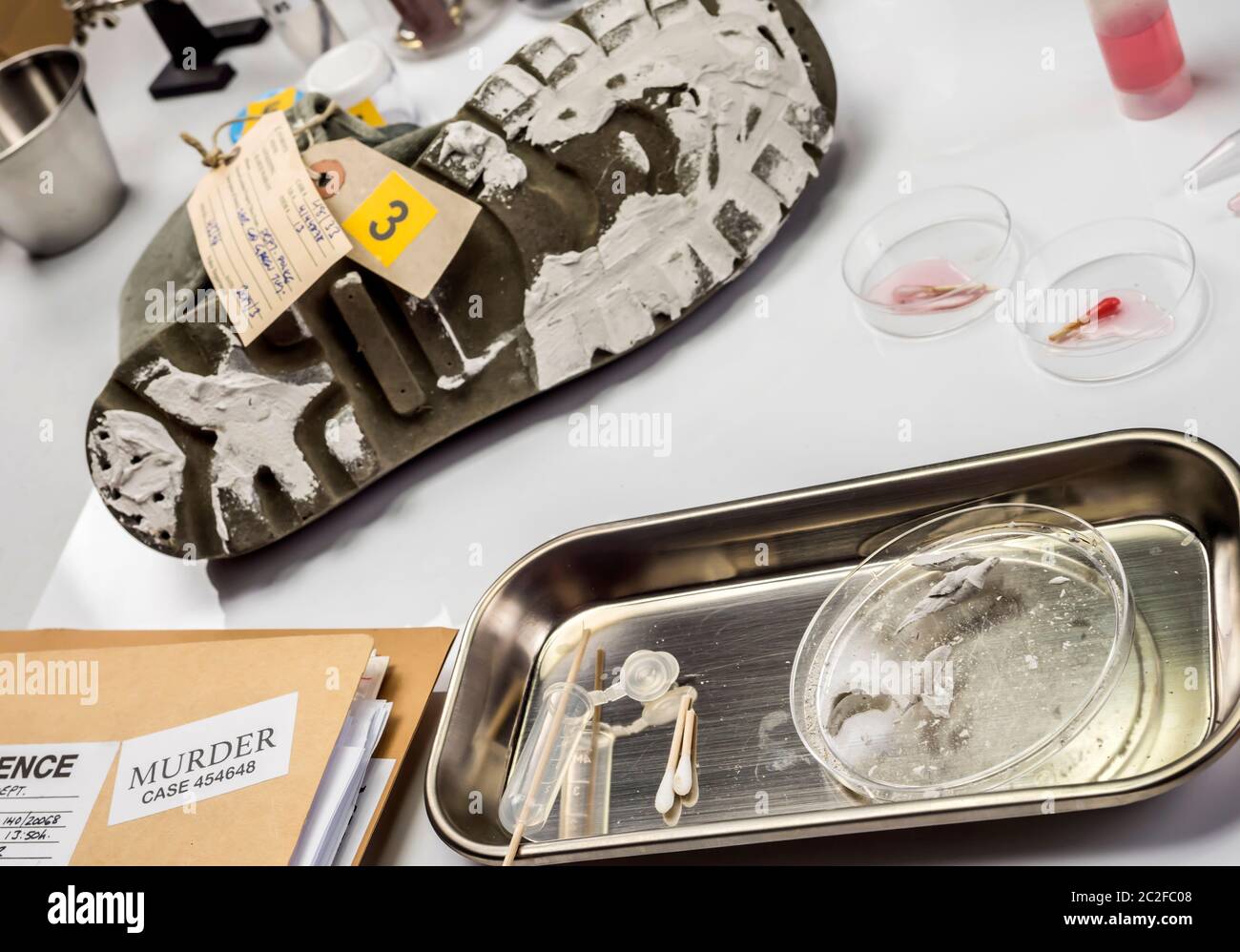 Shoe with cement footprints analyzed in crime lab, crime evidence ...