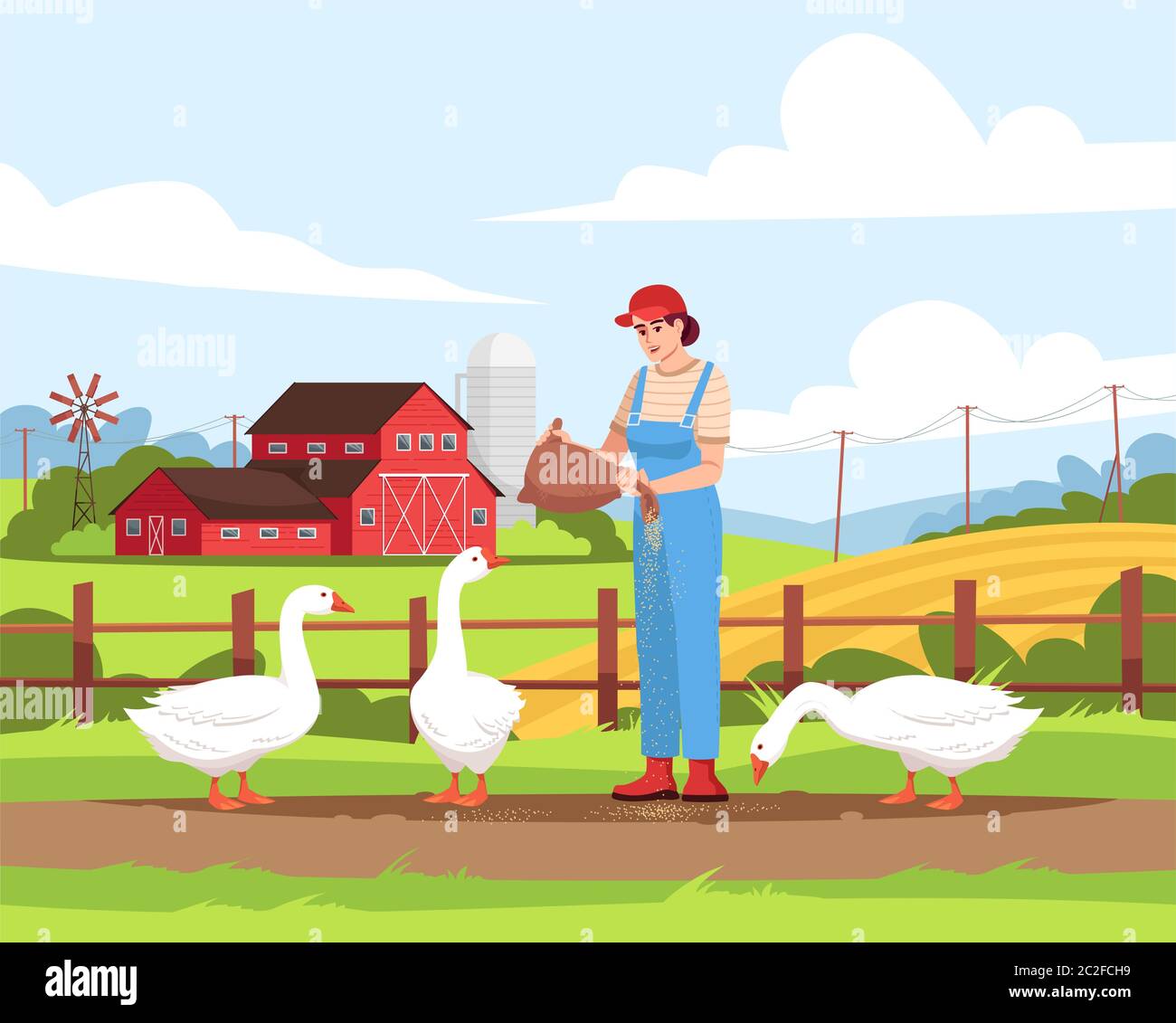 Poultry pasture on farmland semi flat vector illustration. Local ...