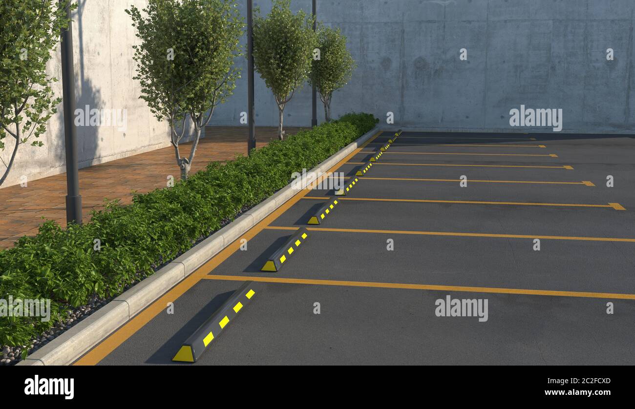 Empty car parking without cars. Parking spaces, sidewalk for ...