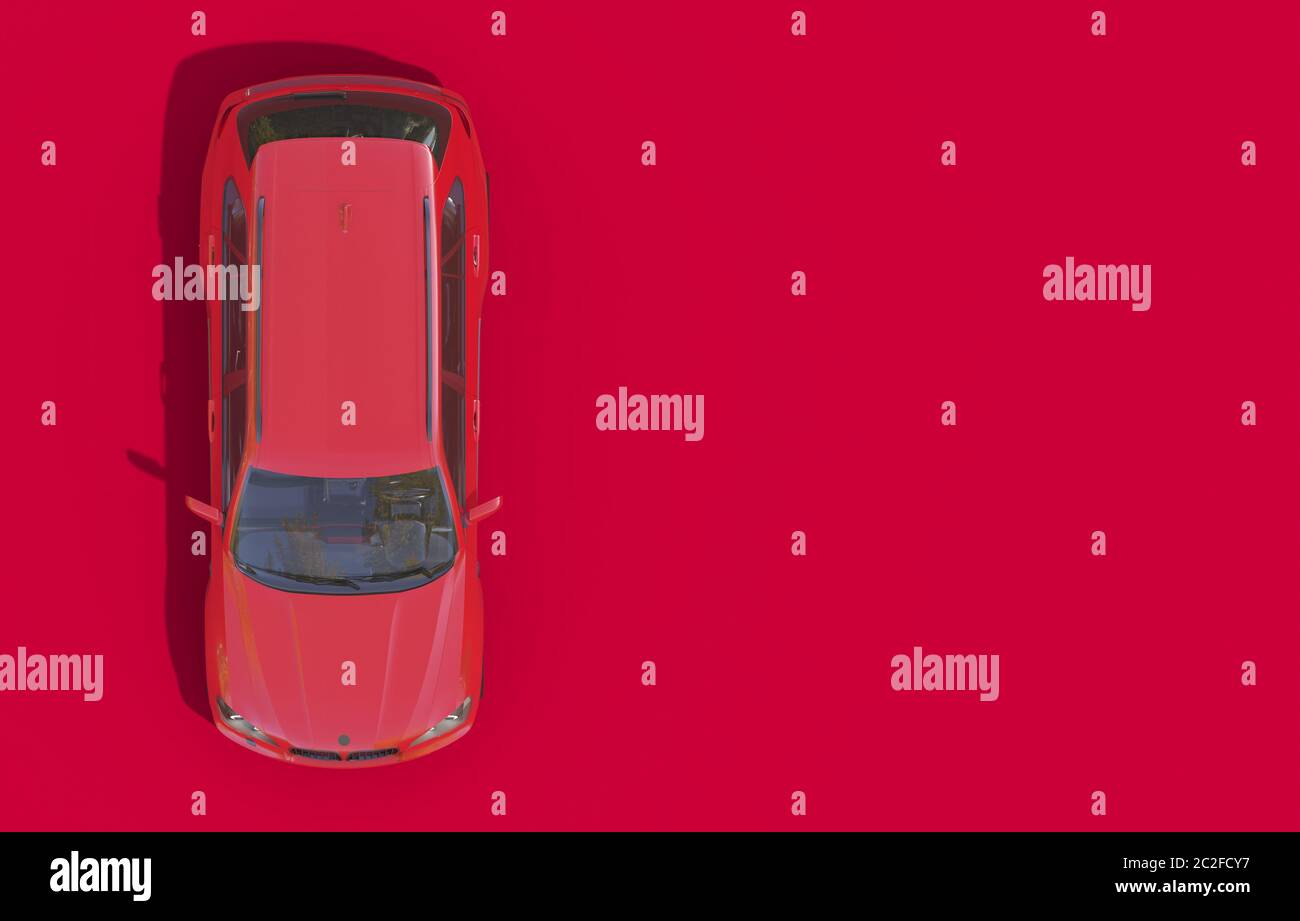 Red car on a red background. Top view. 3D render in monochrome red with ...