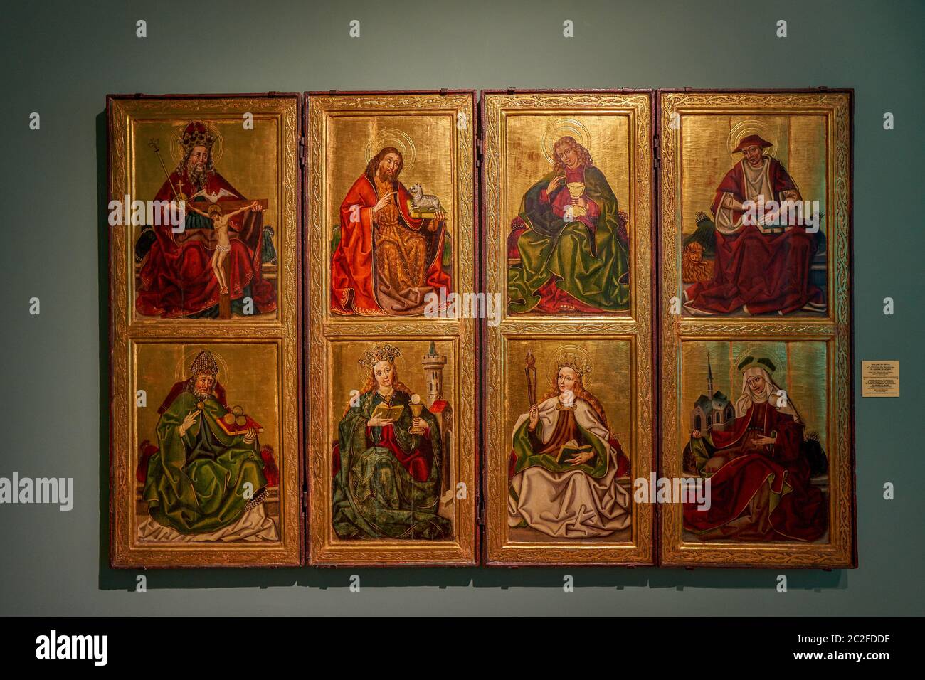 A medieval, painted and gilded sculpture of a polyptych from the 15th ...