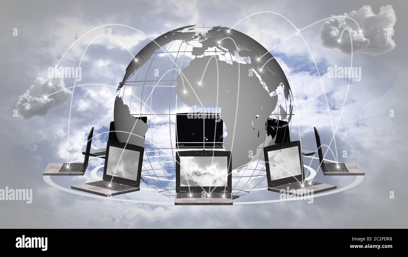 Laptops world map connection hi-res stock photography and images - Alamy