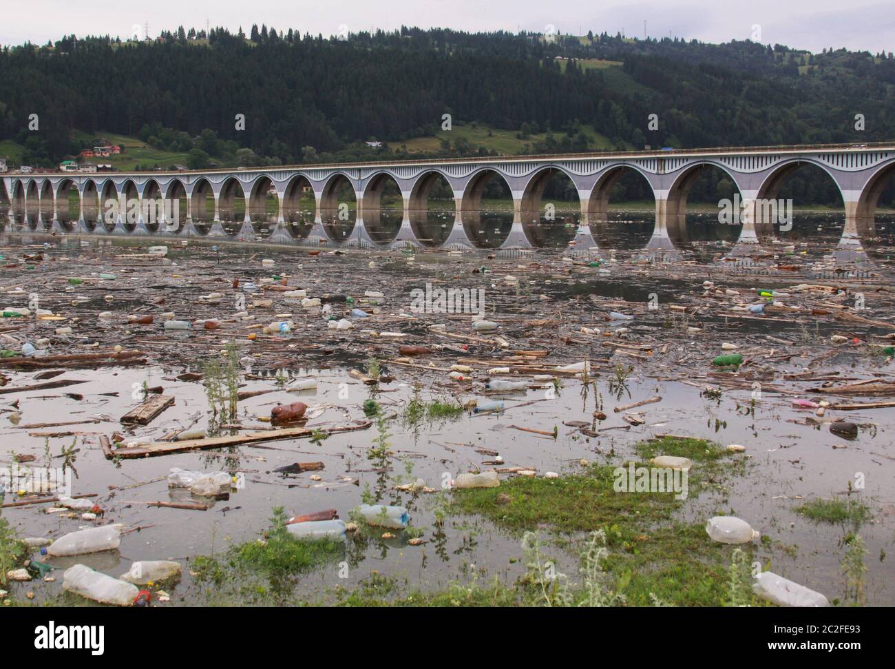 Polluted water with plastic bottle debris at bridge over Bicaz lake on ...