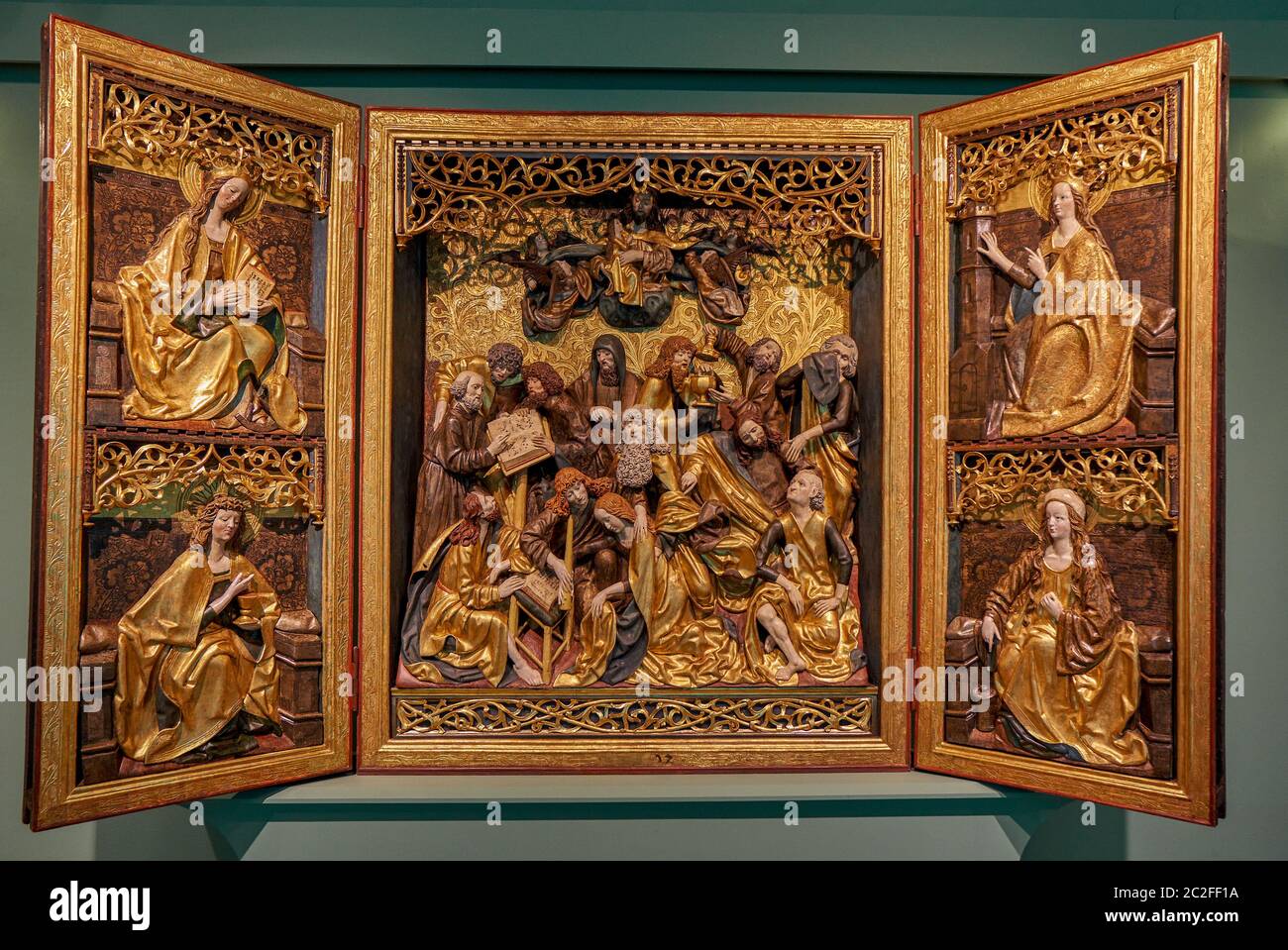 A medieval, painted and gilded sculpture of a polyptych from the 15th ...