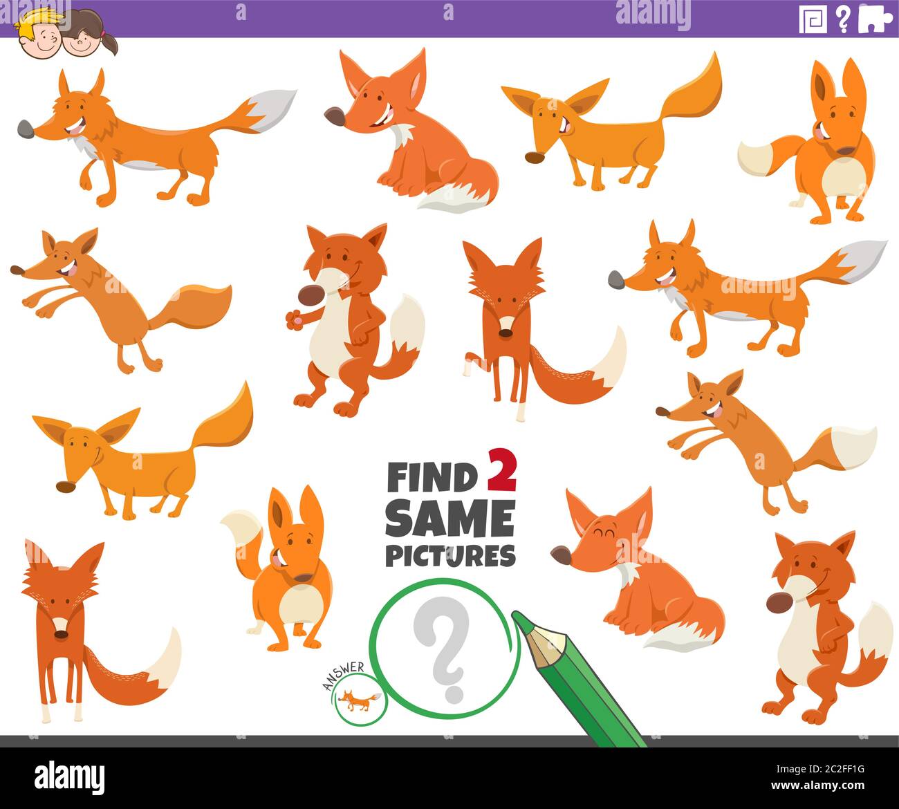 Cartoon Illustration of Finding Two Same Pictures Educational Task for ...