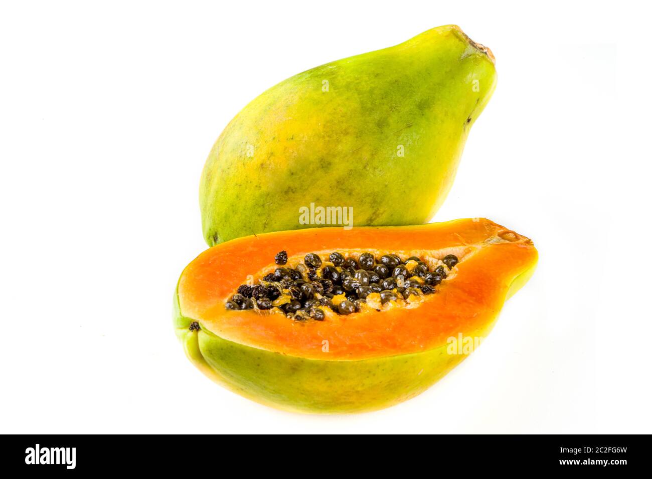 Raw juicy fresh papaya fruit isolate on a white background. Half and ...