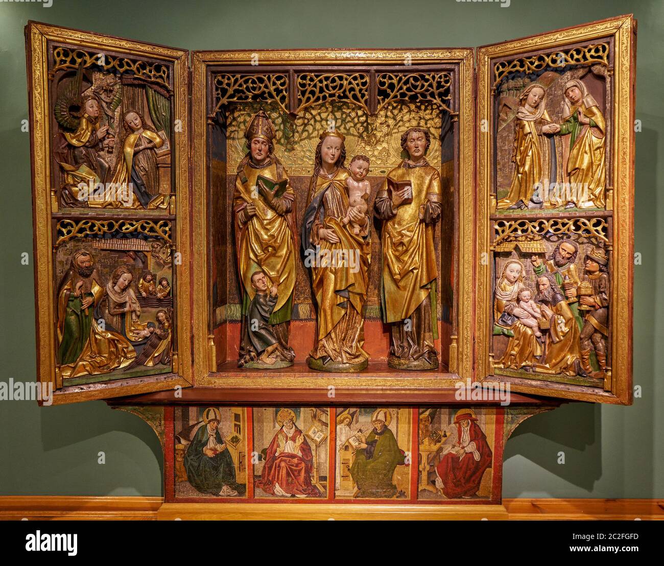 A medieval, painted and gilded sculpture of a polyptych from the 15th ...