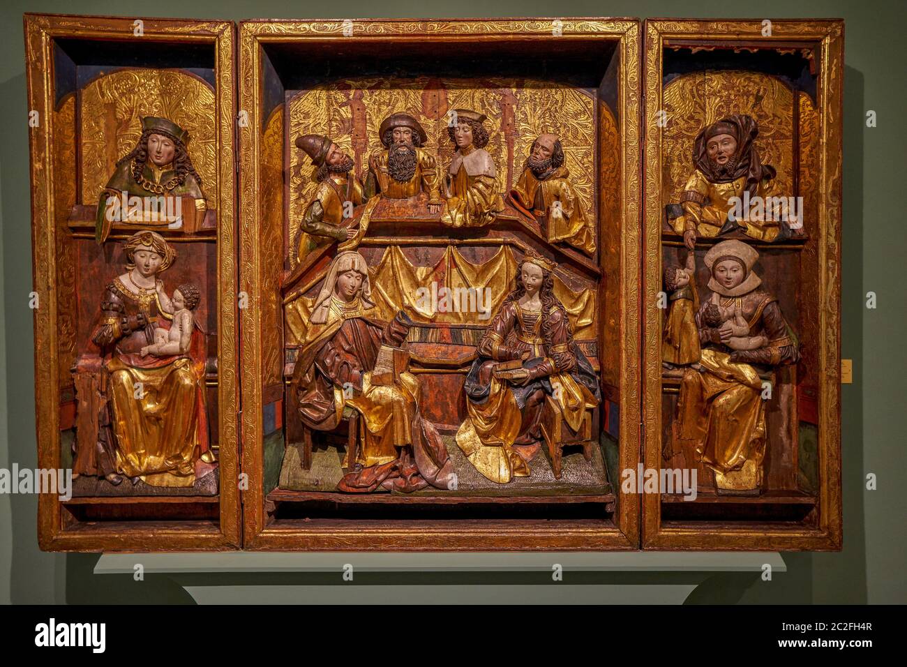 A medieval, painted and gilded sculpture of a polyptych from the 15th ...