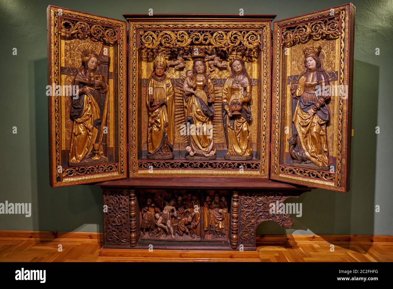 A medieval, painted and gilded sculpture of a polyptych from the 15th ...