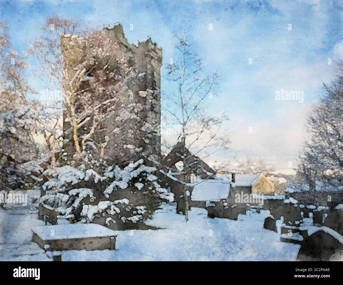 watercolor painting of a winter scene with a medieval ruined church ...