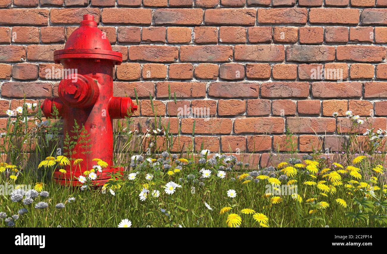 An old red fire hydrant stands in the grass with wildflowers opposite a ...