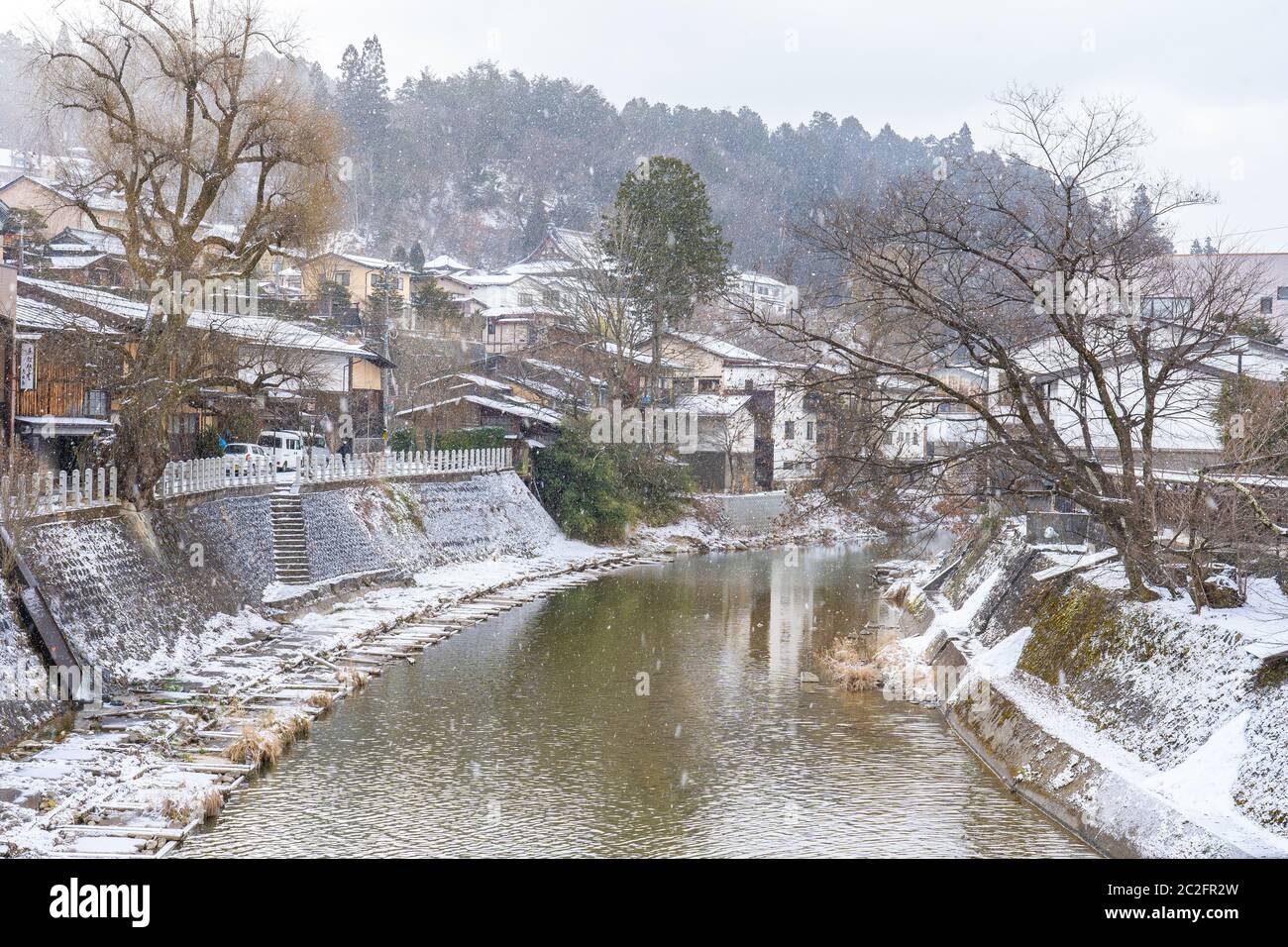 Takayama old town with snow falling in Gifu, Japan Stock Photo - Alamy