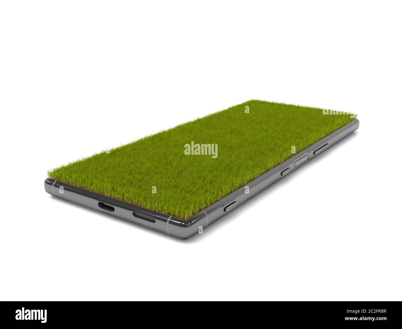 Smartphone with grass covered screen. Mobile phone isolated on a white ...