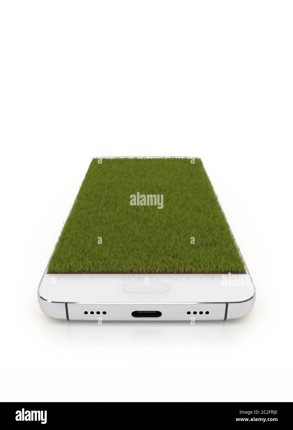 White smartphone with grass covered screen. Mobile phone isolated on a ...