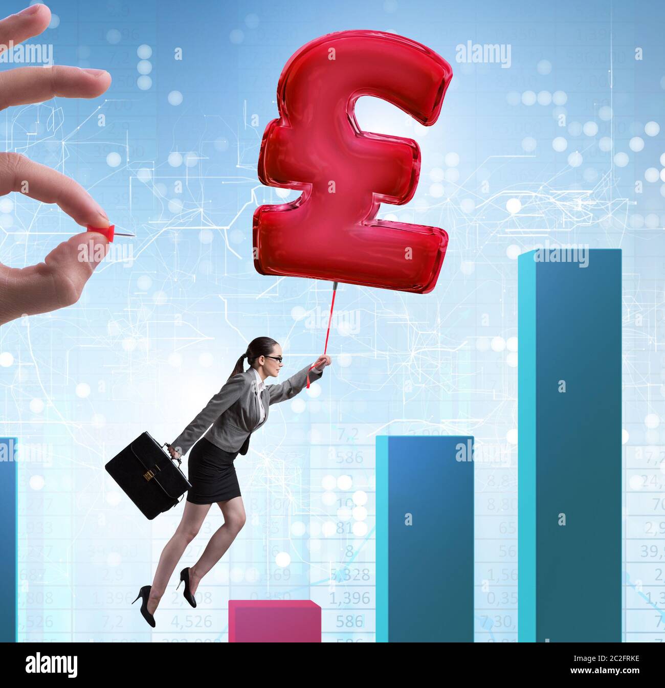 Businesswoman flying on british pound sign inflatable balloon Stock ...