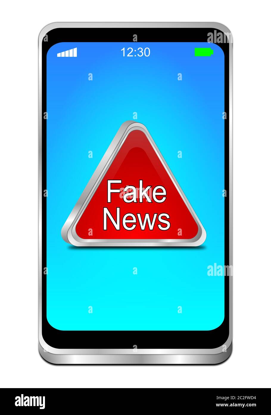 Smartphone with red Fake News warning sign on blue desktop - 3D ...