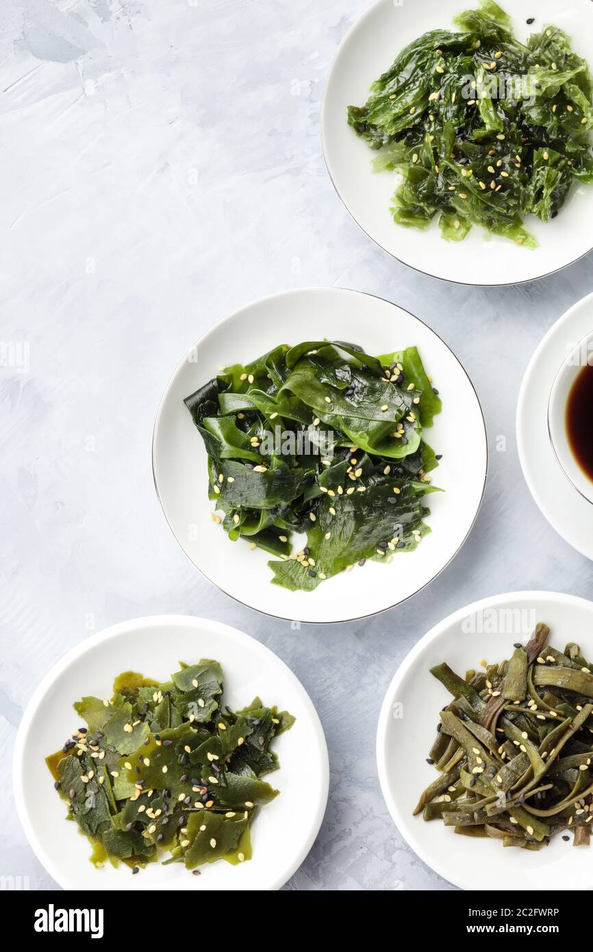 Various seaweed, sea vegetables, shot from above with a place for text ...