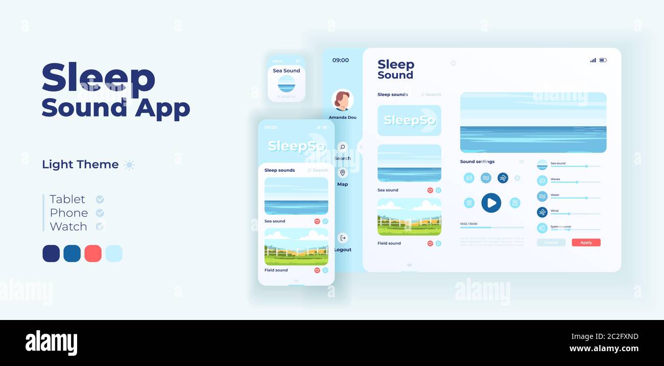 Sleep sound app screen vector adaptive design template Stock Vector ...