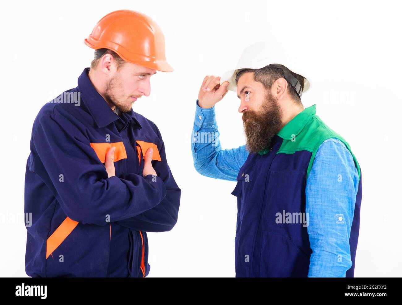 Builder, architect, engineer with serious face. Conflict at site ...