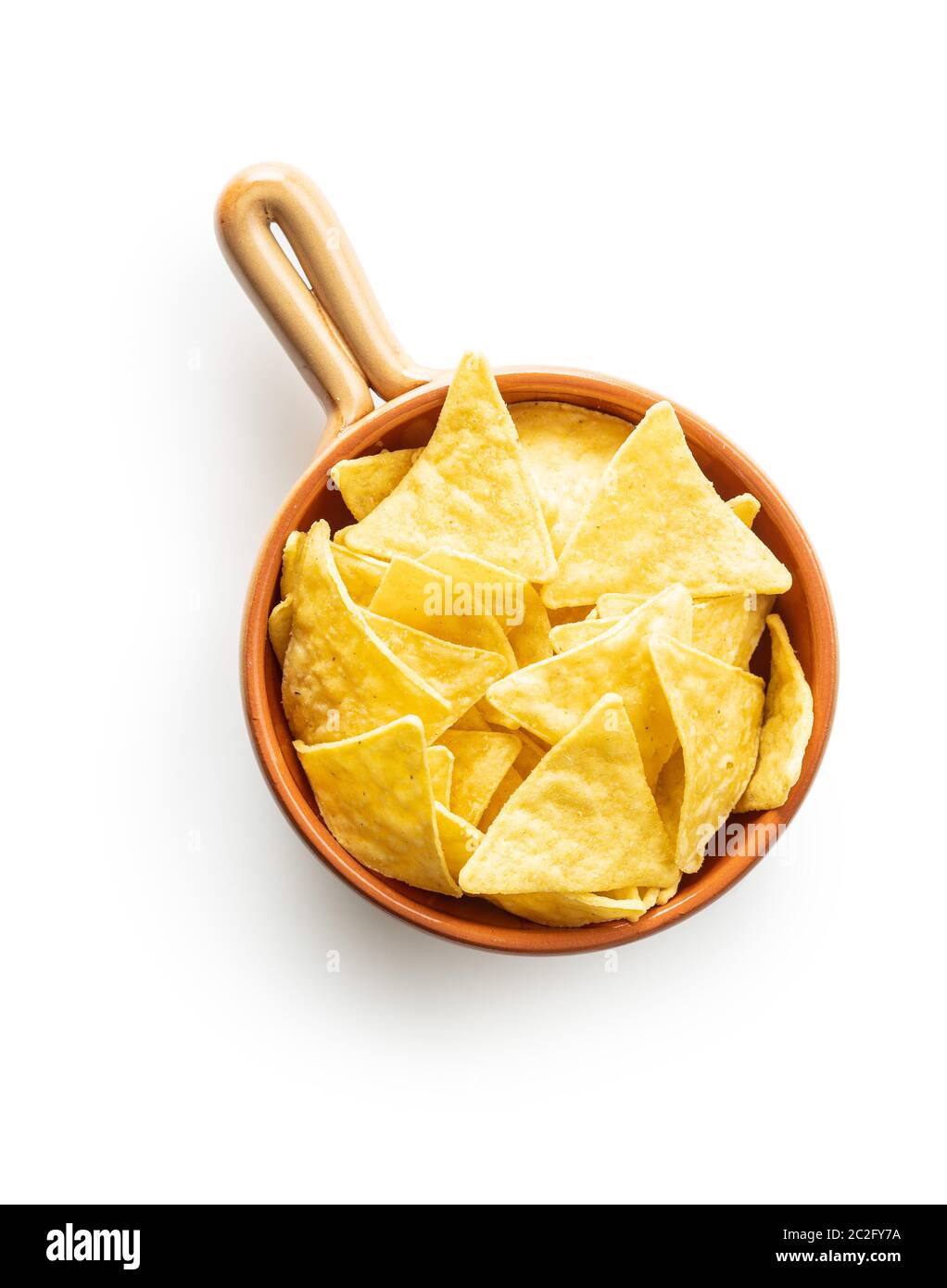 Corn nacho chips. Yellow tortilla chips in bowl isolated on white ...