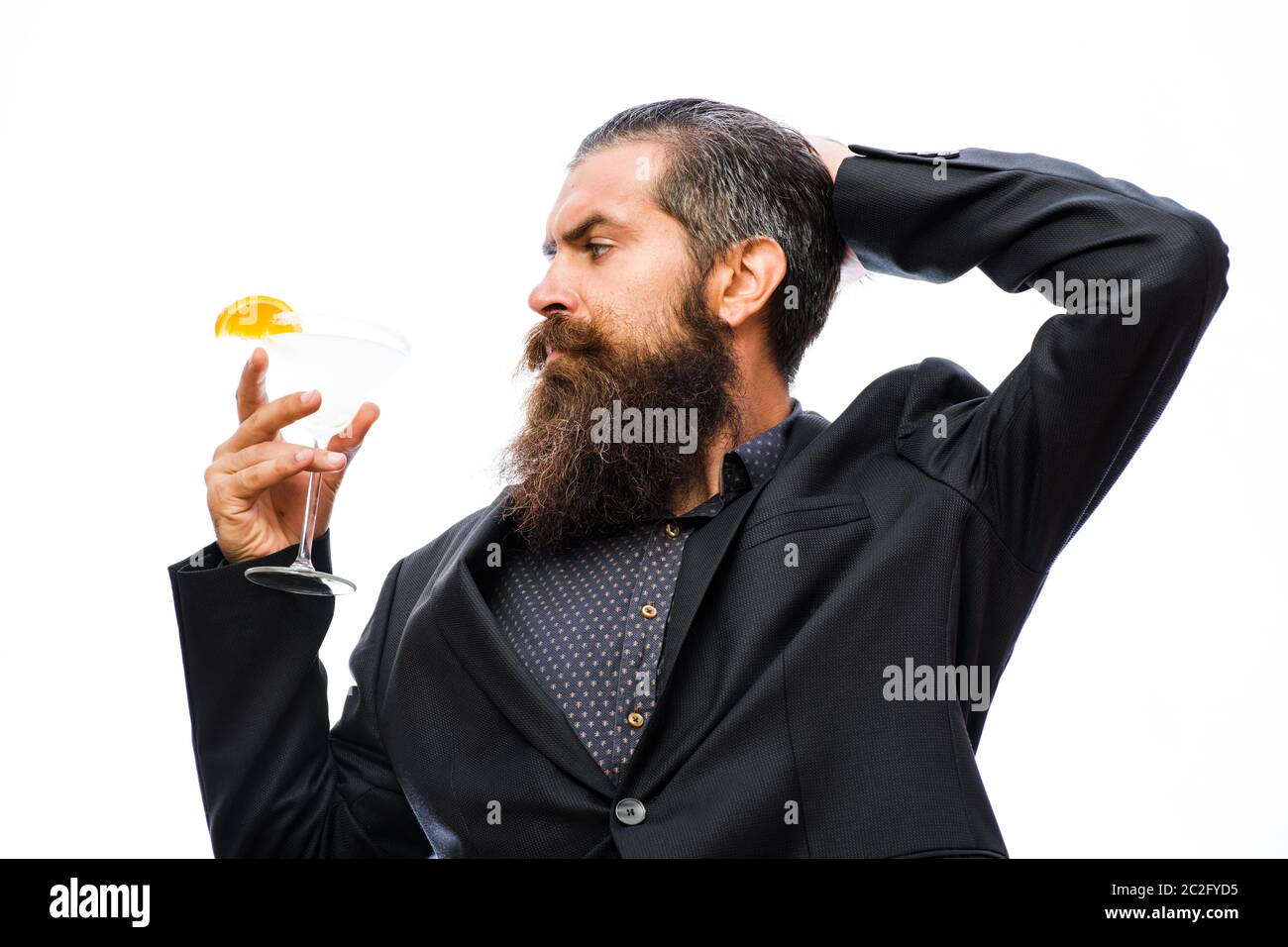 Barman with beard, stylish hair and serious face, isolated on white ...