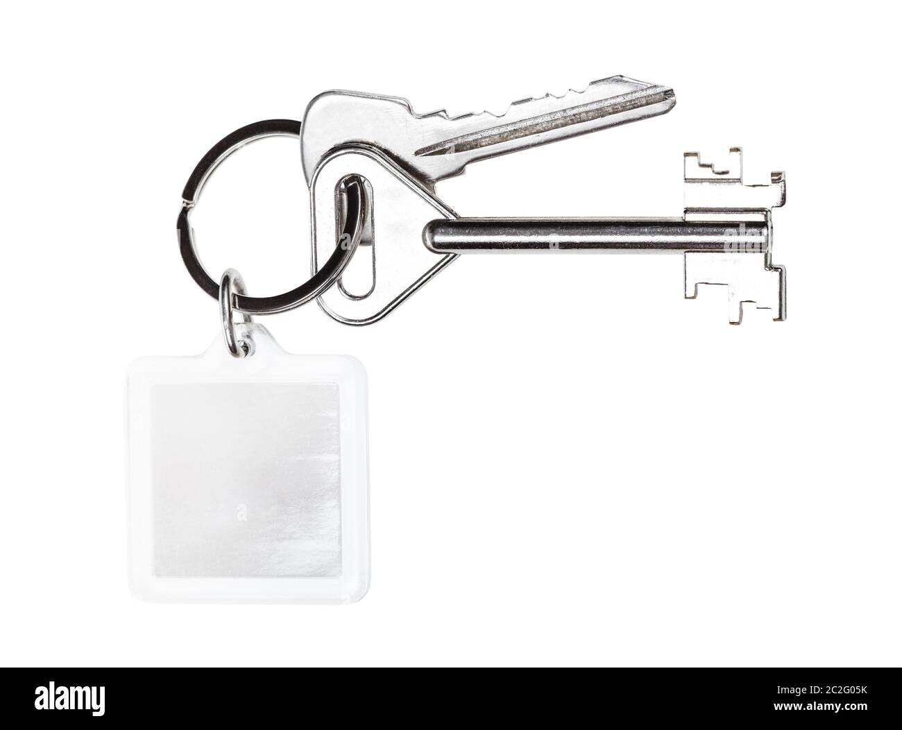 bundle of keys on keyring with blank keychain isolated on white ...
