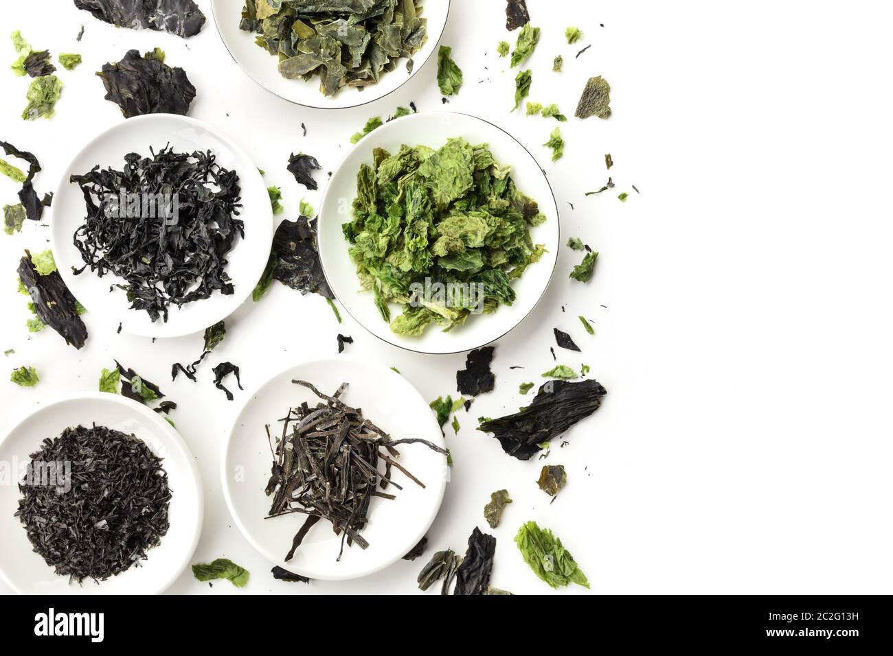Various dry seaweed, sea vegetables, shot from above on a white ...