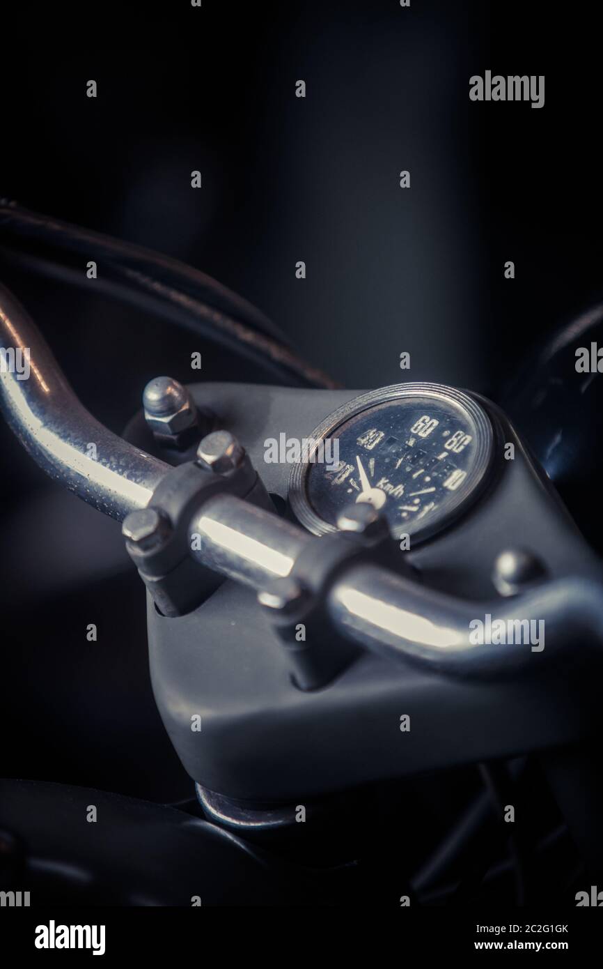 Close up vertical image of the speedometer gauge of a vintage ...