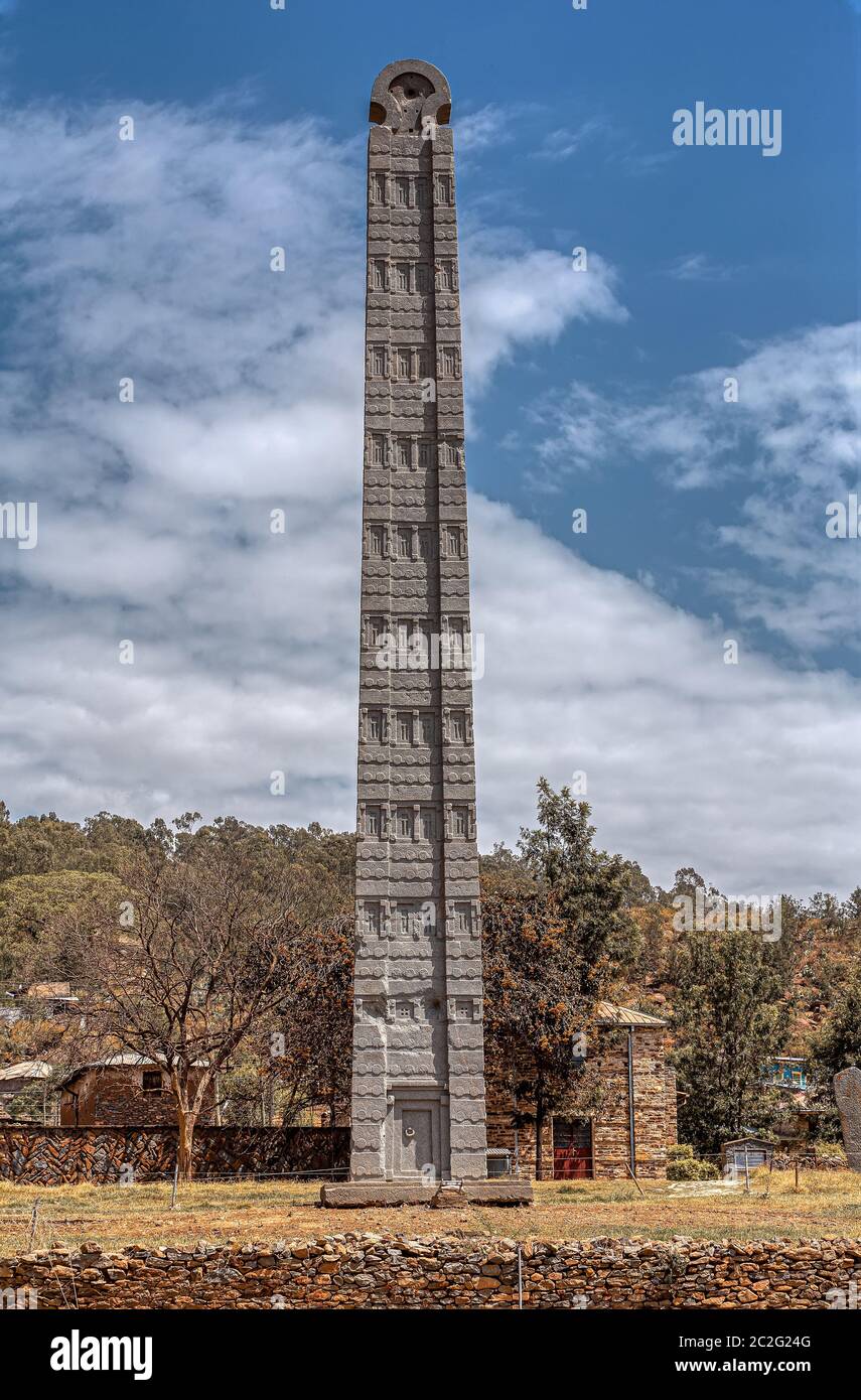 Ancient monolith stone obelisk, symbol of the Aksumite civilization in ...