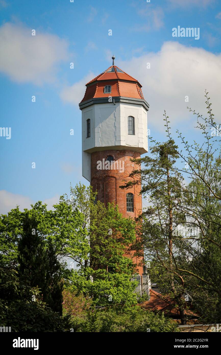 a water tower protrudes between trees, water tower of Graal MÃ¼ritz ...