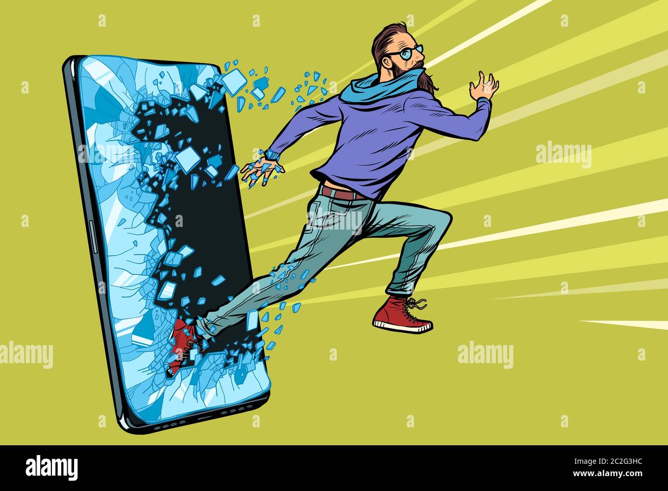 hipster man running Phone gadget smartphone. Online Internet ...