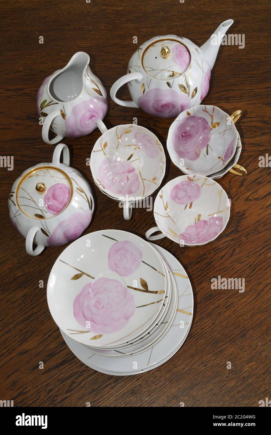 traditional Russian porcelain tea set on the wooden background Stock ...