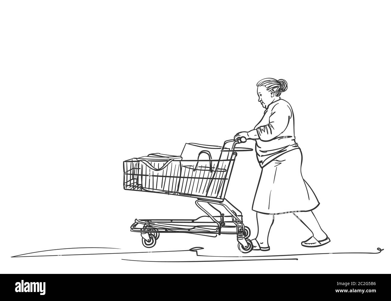 Elderly woman walking with supermarket cart, Vector sketch, Hand drawn ...
