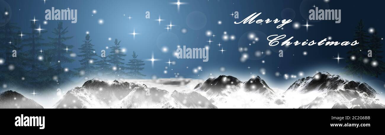 snowy mountains and Merry Christmas text Stock Photo - Alamy