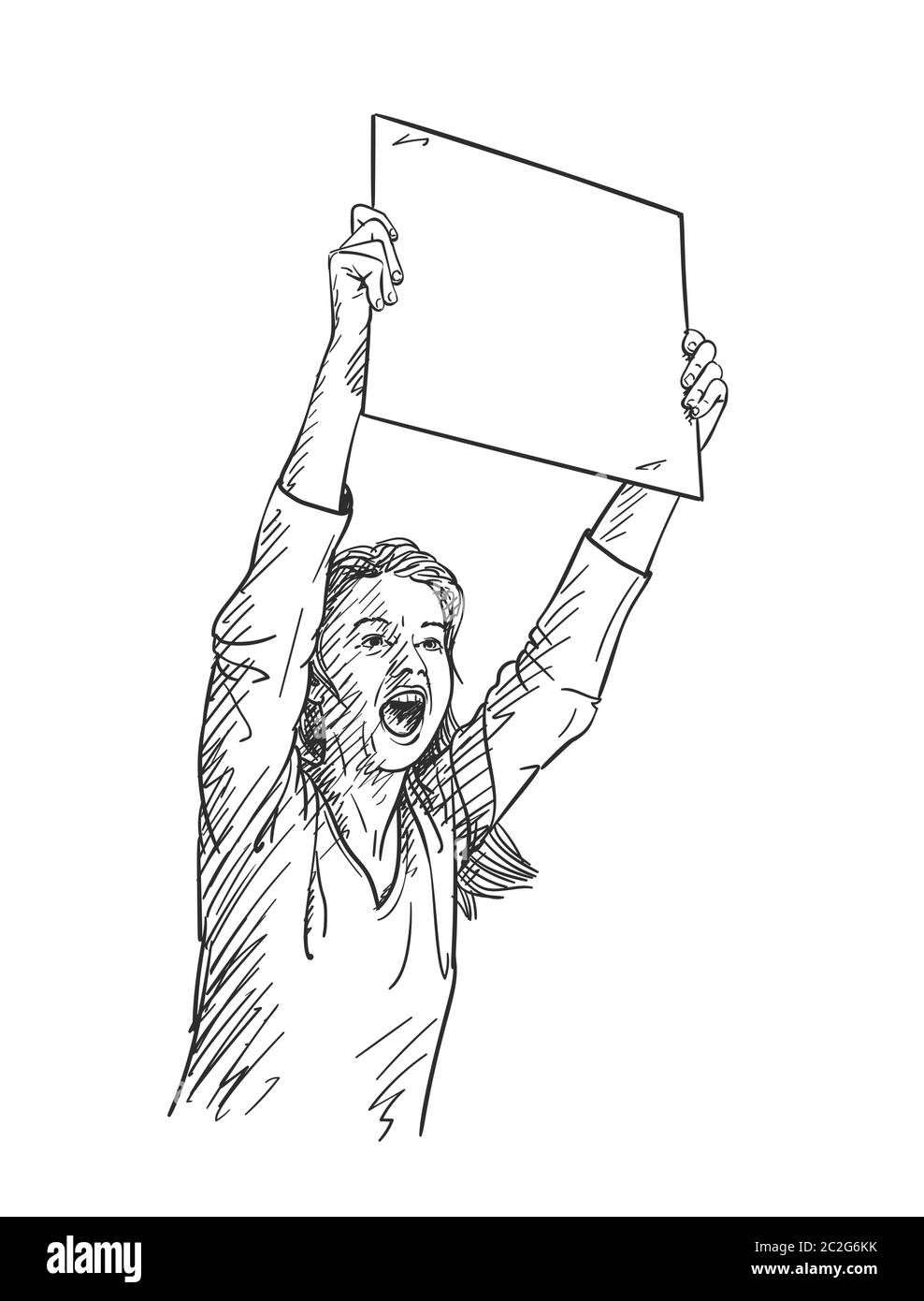 Woman with blank sign board is screaming during protest. Vector sketch ...