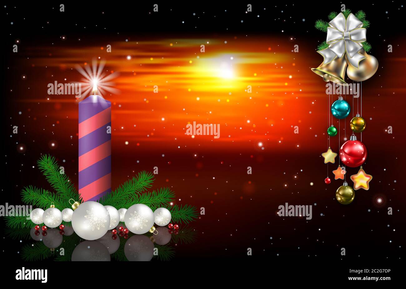 Abstract red sunset background with Christmas candle and decorations ...