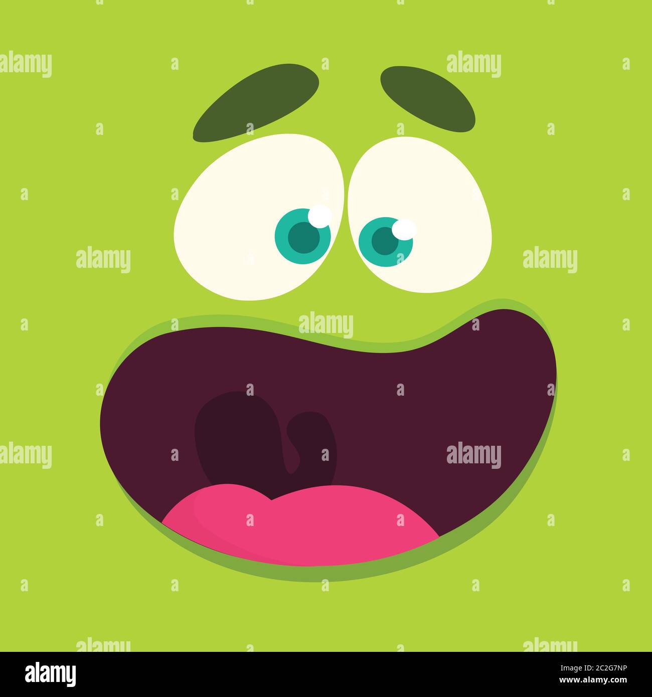 Cartoon happy monster face. Vector Halloween green monster surprised ...
