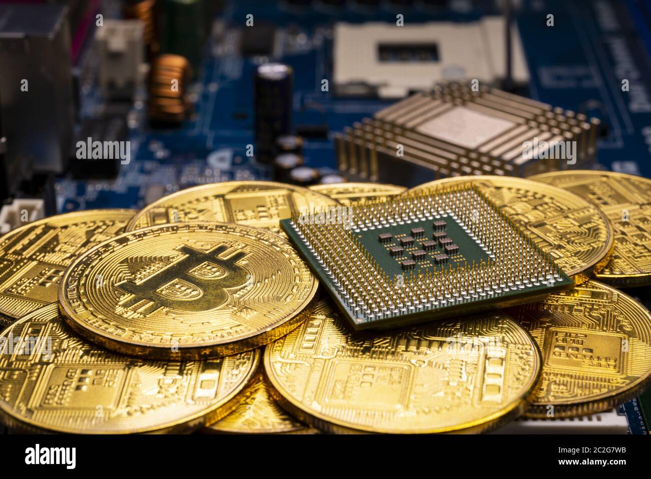 Bitcoin coins, CPU and printed circuit board PCB Stock Photo - Alamy