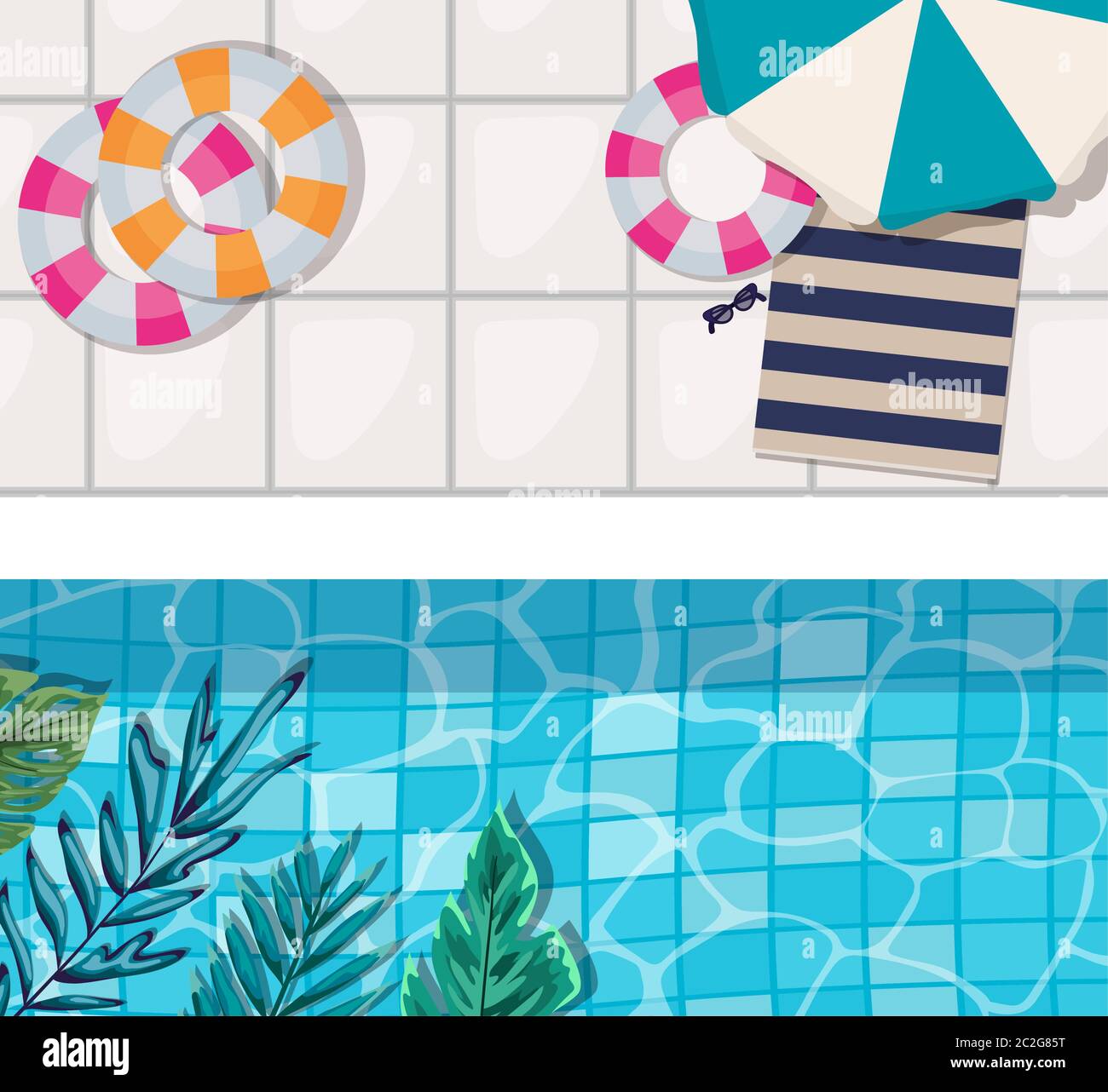 pool with floats towel and umbrella top view design, Summer vacation ...