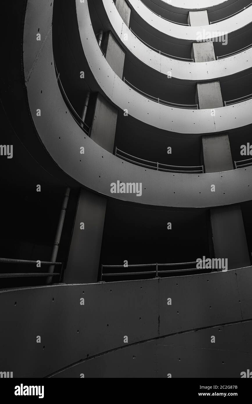 Round underground parking lot, underside view in black and white ...