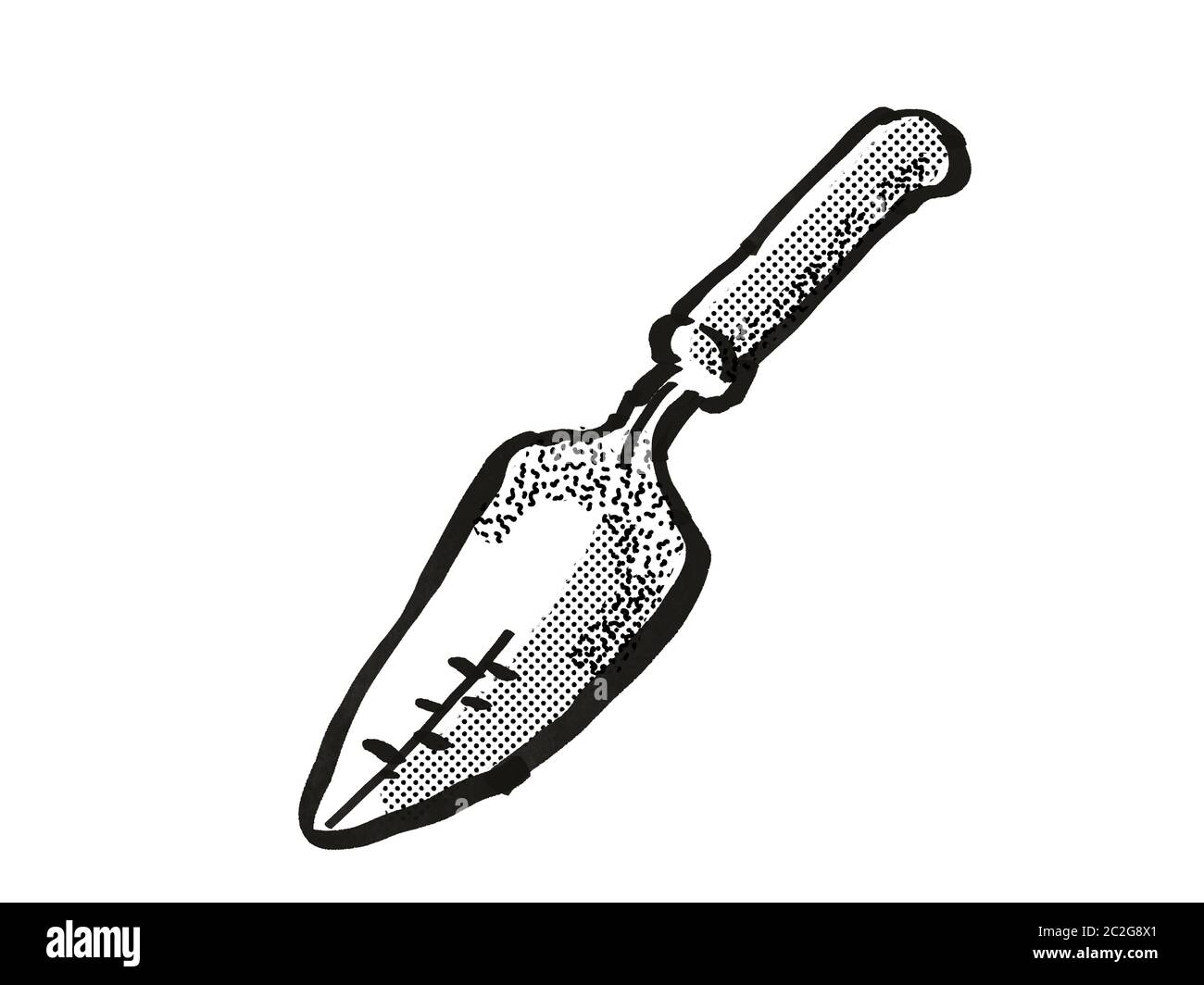 Retro cartoon style drawing of a transplanting trowel, a garden or ...