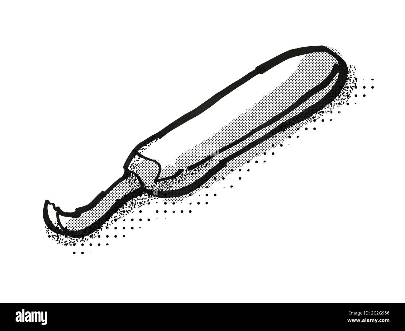 Retro cartoon style drawing of a hook knife, crook knife or spoon ...