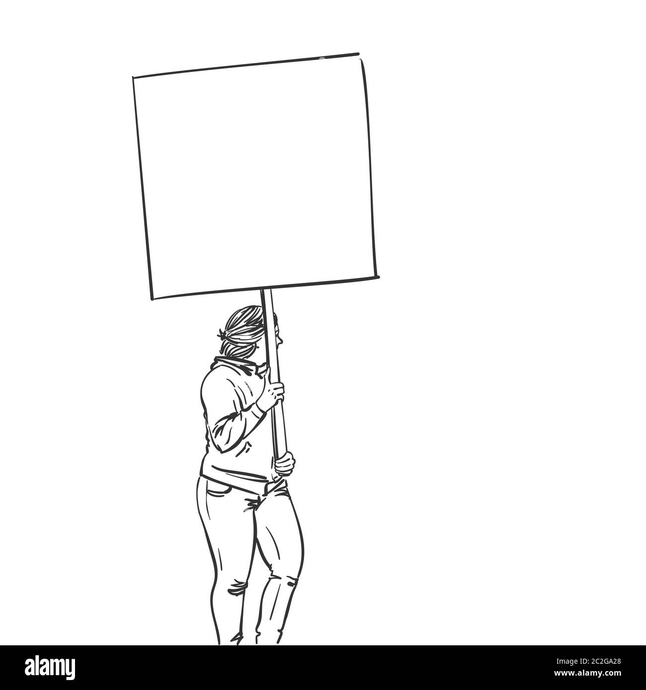 Woman holding blank sign board during protest. Vector sketch, Hand ...